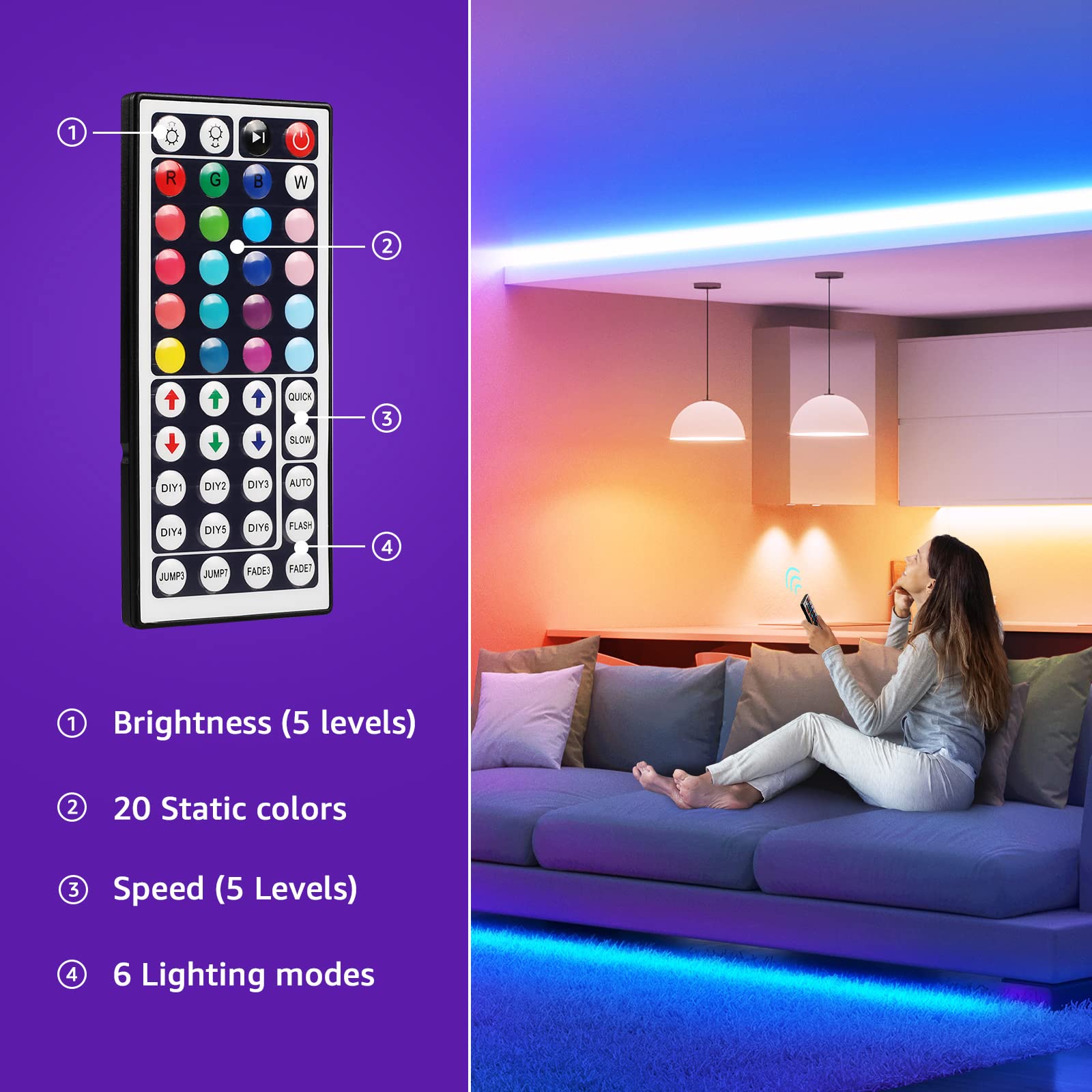 LE LED Strip Lights, RGB 5050 LED Strips with Remote Controller, Color Changing Tape Light with 12V Power Supply for Room, Bedroom, TV, Kitchen, Desk