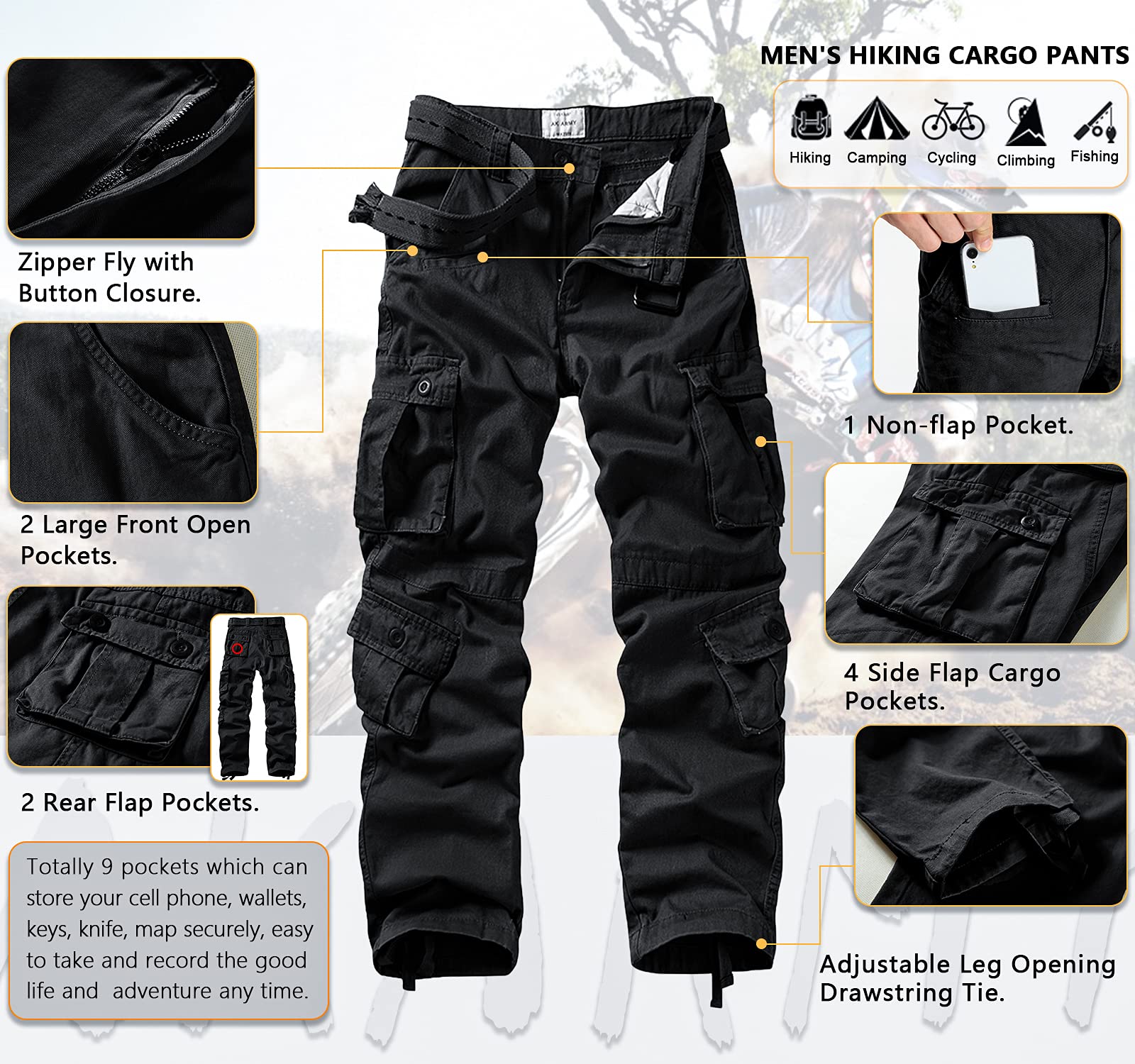 AKARMY Men's Casual Relaxed Fit Cargo Pants with Pockets, Outdoor Camo Cotton Work Pants for Men(No Belt) 3354 Black 38