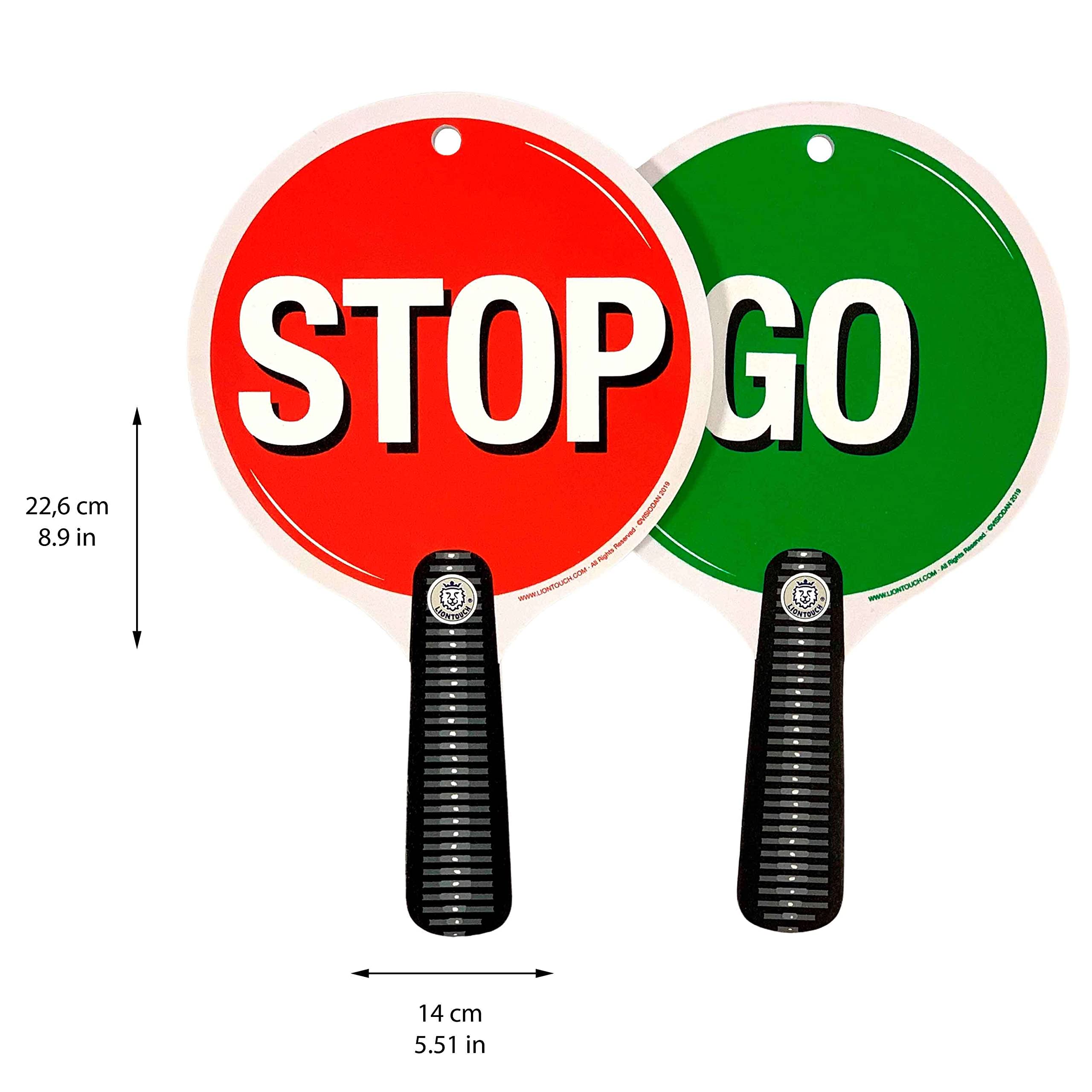 Liontouch Double Sided Stop & Go Sign, Red & Green – 8.9 x 5.5 inches | Durable and Reversible Lollipop-Shaped Foam Toy Paddle for Kids | Ideal for Teaching Children Traffic & Street Safety