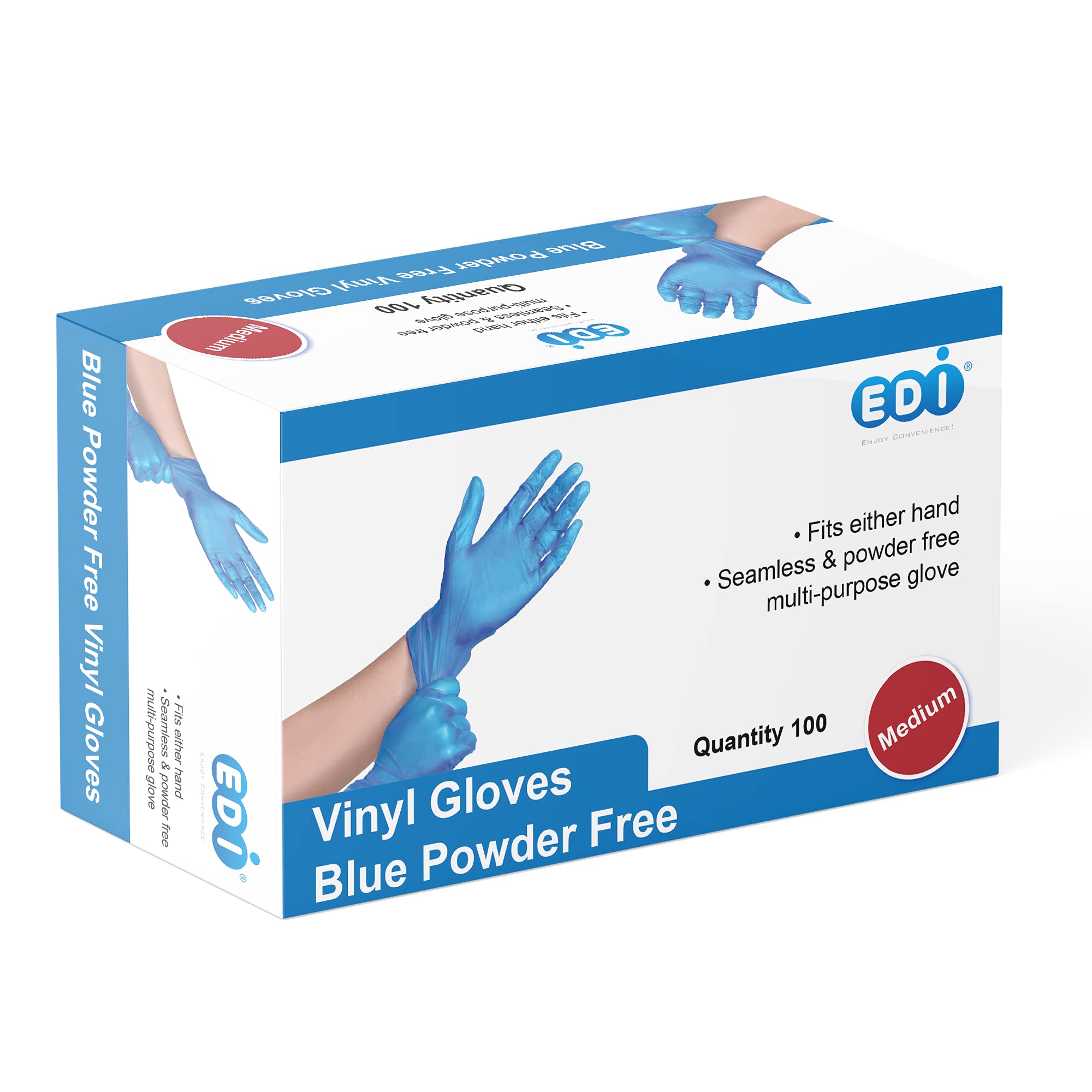 EDI Disposable Vinyl Gloves Medium, 100 pcs (Blue) - Powder-Free, Latex-Free