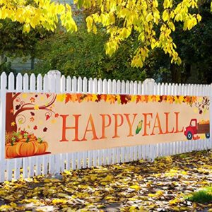 large happy fall banner, fall decorations, thanksgiving decor, fall maple leaves pumpkin banner, autumn fall party outdoor & indoor decor supplies(8.2 x 1.5 ft)