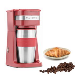 mixpresso personal single-serve coffee maker & 14oz travel mug, drip small coffee maker & tumbler, auto shut off & reusable filter, red coffee maker compatible with coffee grounds