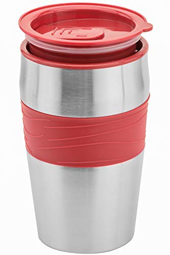 Mixpresso Personal Single-Serve Coffee Maker & 14oz Travel Mug, Drip Small Coffee Maker & Tumbler, Auto Shut Off & Reusable Filter, Red Coffee Maker Compatible with Coffee Grounds