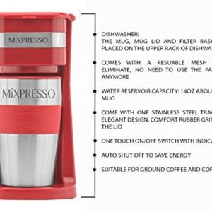 Mixpresso Personal Single-Serve Coffee Maker & 14oz Travel Mug, Drip Small Coffee Maker & Tumbler, Auto Shut Off & Reusable Filter, Red Coffee Maker Compatible with Coffee Grounds