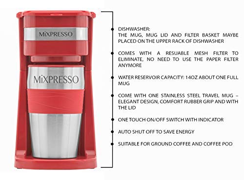 Mixpresso Personal Single-Serve Coffee Maker & 14oz Travel Mug, Drip Small Coffee Maker & Tumbler, Auto Shut Off & Reusable Filter, Red Coffee Maker Compatible with Coffee Grounds