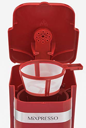 Mixpresso Personal Single-Serve Coffee Maker & 14oz Travel Mug, Drip Small Coffee Maker & Tumbler, Auto Shut Off & Reusable Filter, Red Coffee Maker Compatible with Coffee Grounds