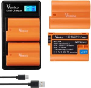 vemico en-el15 en-el15a/el15b/el15c battery charger kit 2x2100mah replacement batteries with dual slot lcd charger for d810 d7500 d7100 z6ii d750 d850 d810a d800 d800e d7200 d500 d610 d600 z7 z8etc.