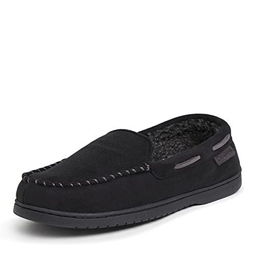 Dearfoams Men's Keaton Memory Foam Moccasin with Wide Widths Slipper, Black Microsuede, Large