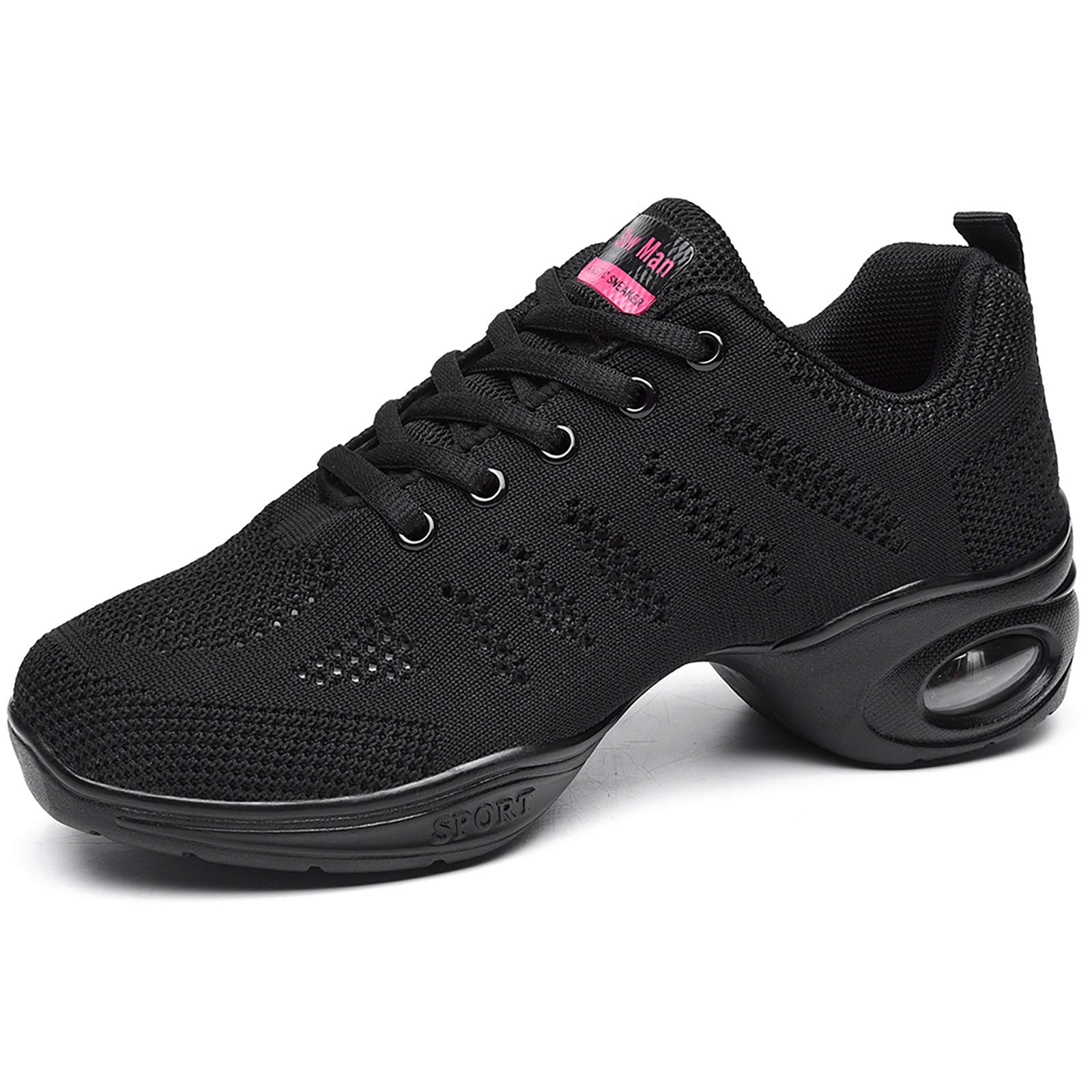 Women's Jazz Shoes Lace-up Sneakers - Breathable Air Cushion Lady Split Sole Athletic Walking Dance Shoes Platform Black,8