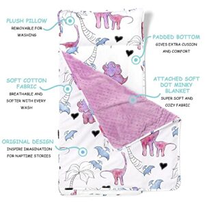 JumpOff Jo - Toddler Nap Mat for Preschool, Daycare, and Kindergarten - Sleeping Bag for Kids with Removable Pillow and Ultra Soft Blanket - Pink Dino