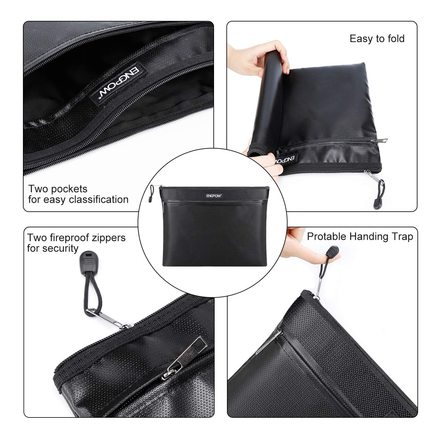 ENGPOW Fireproof Document Bag Two Pockets Two Zippers,Fireproof Safe Bag 13.4"x 10.2" Waterproof and Fireproof Money Bag Money Safe Pouch File Storage for A4 Document Holder,Cash and Tablet