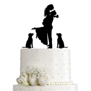 wedding cake topper - bride hold groom with flowers besides 2 pet dogs silhouette cake decoration (black)