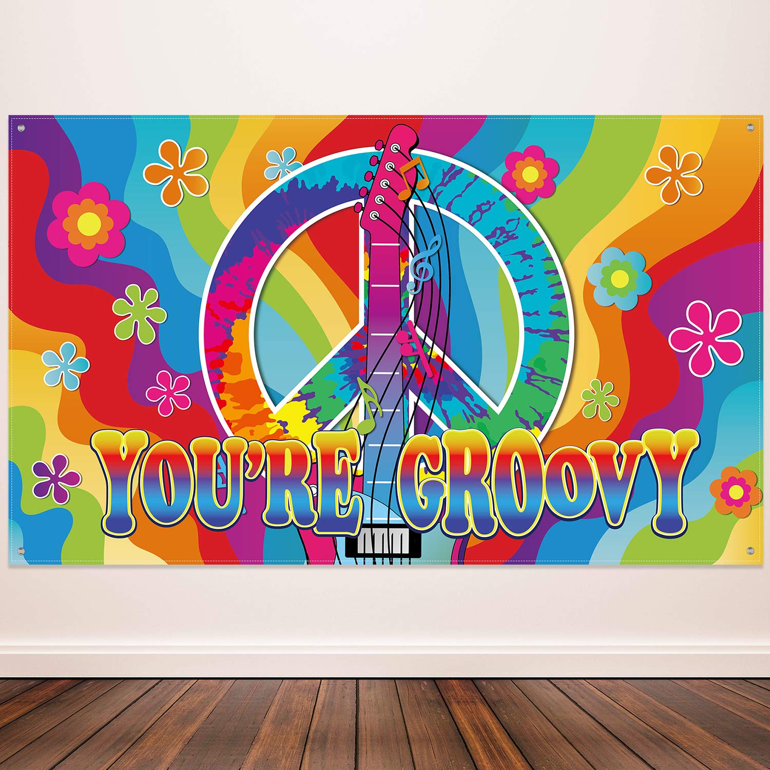 60's Party Decorations Hippie Groovy Backdrop 60s Party Sign Scene Setters Wall Decoration Banner Photo Booth Props Background with Rope for Hippie Theme Groovy Party Decorations, 72.8 x 43.3 Inch