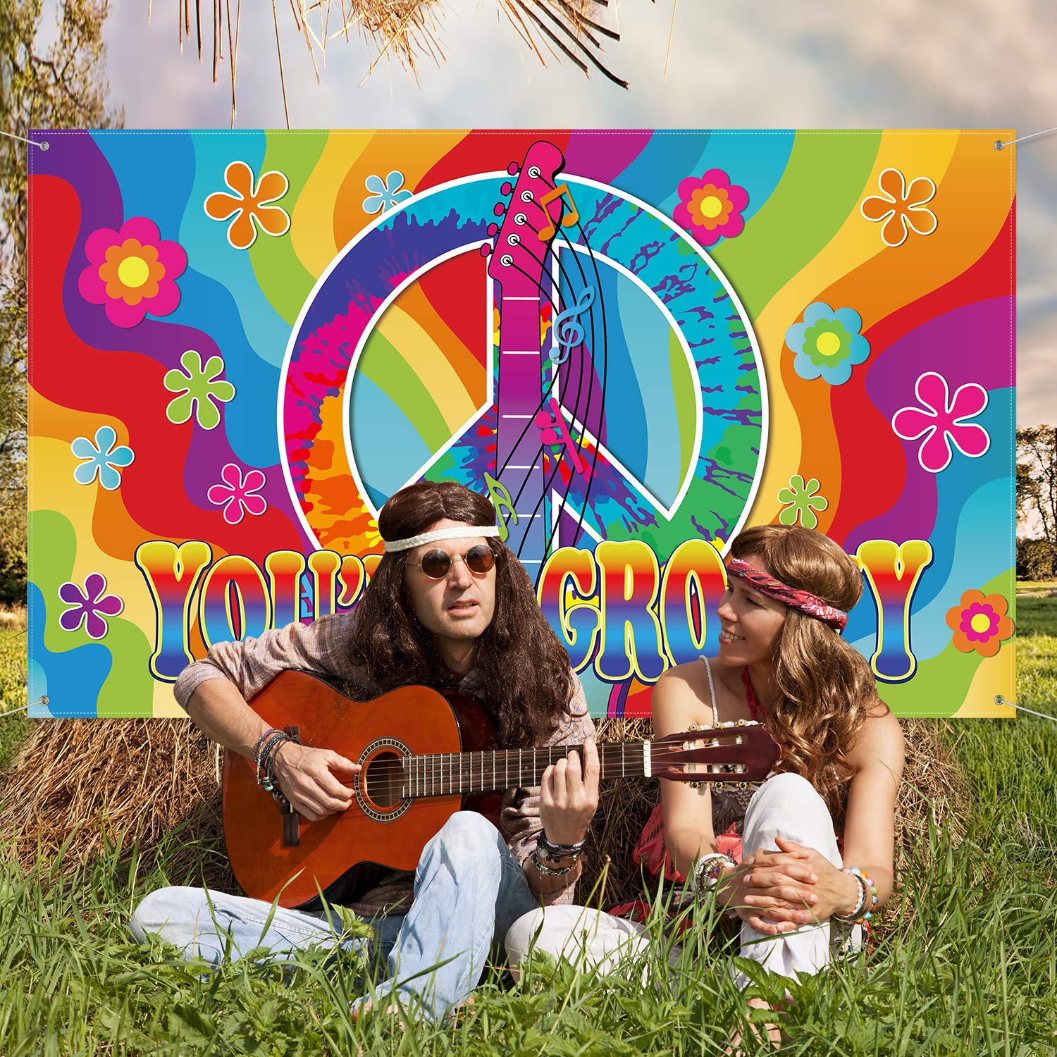 60's Party Decorations Hippie Groovy Backdrop 60s Party Sign Scene Setters Wall Decoration Banner Photo Booth Props Background with Rope for Hippie Theme Groovy Party Decorations, 72.8 x 43.3 Inch