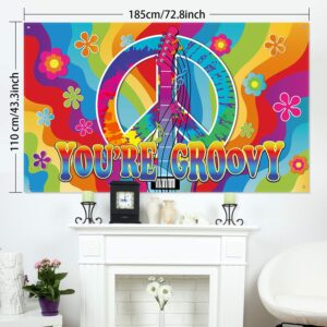 60's Party Decorations Hippie Groovy Backdrop 60s Party Sign Scene Setters Wall Decoration Banner Photo Booth Props Background with Rope for Hippie Theme Groovy Party Decorations, 72.8 x 43.3 Inch