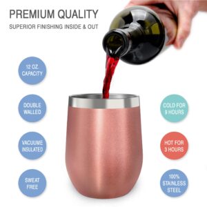 CHILLOUT LIFE Stainless Steel Wine Tumblers 4 Pack 12 oz - Double Wall Vacuum Insulated Wine Cups with Lids and Straws Set for Coffee, Wine, Cocktails - Rose Gold