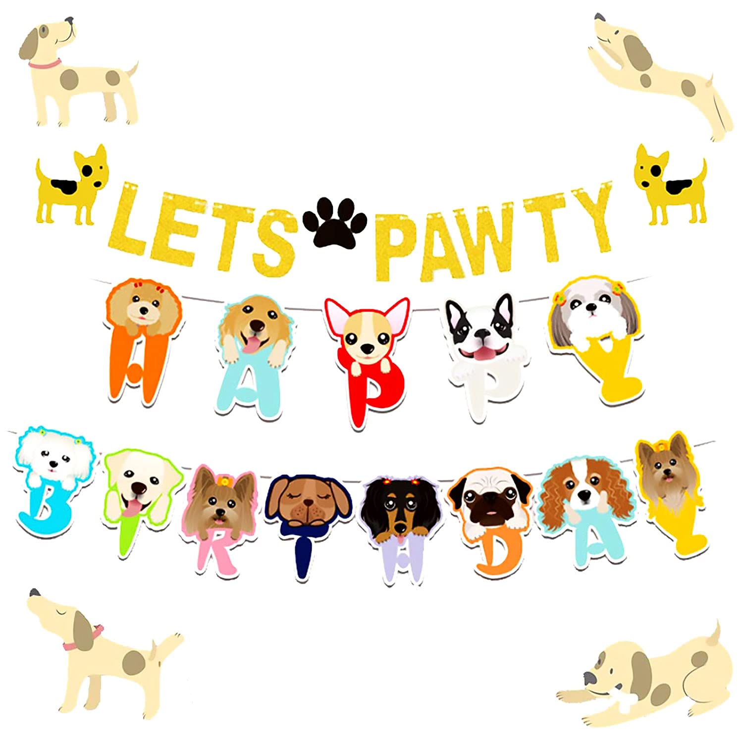 LaVenty 25PCS Glitter Lets Pawty Banner Dog Birthday Banner Dog Pawty Banner Dog Party Banner Pet Birthday Banner Pet Party Banner