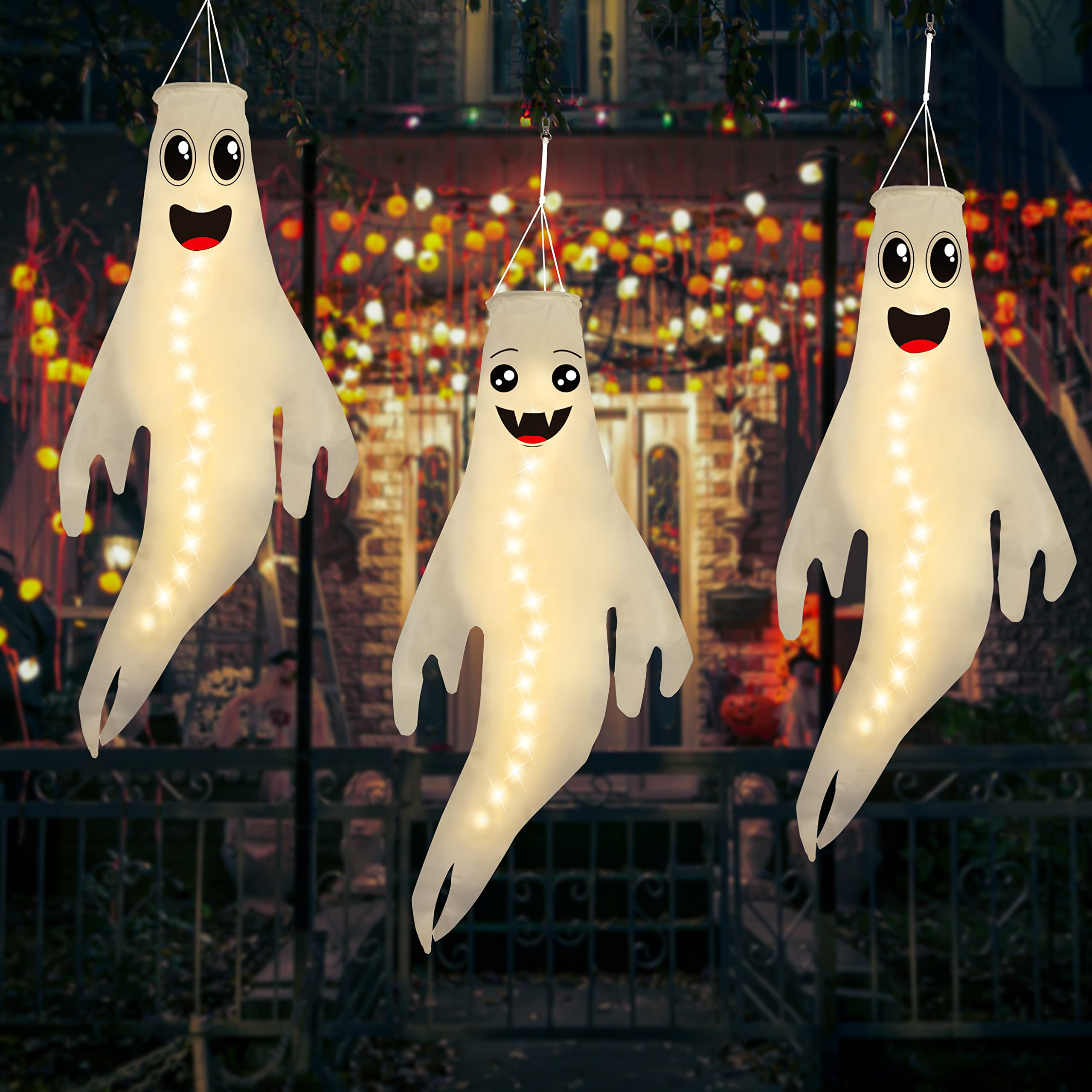 43 Inch Halloween Ghost Windsocks Hanging Decorations - Flag Wind Socks for Home Yard Outdoor Decor Party Supplies (3 Pieces,Batteries Not Included,No Timer)