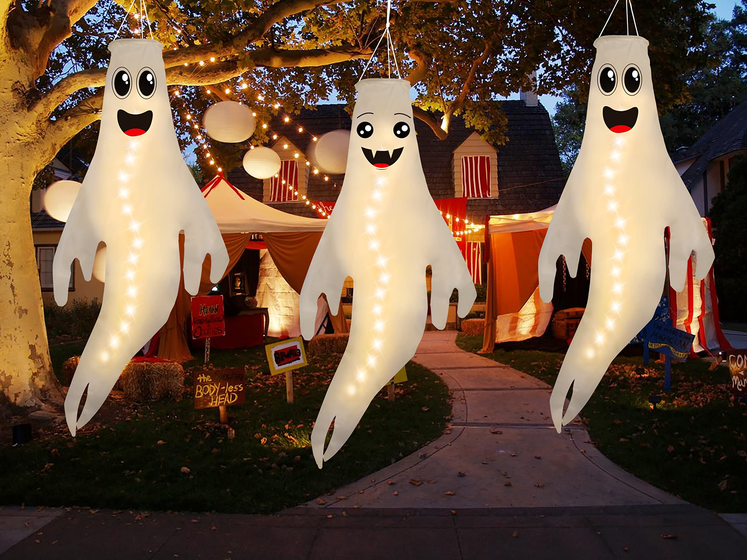 43 Inch Halloween Ghost Windsocks Hanging Decorations - Flag Wind Socks for Home Yard Outdoor Decor Party Supplies (3 Pieces,Batteries Not Included,No Timer)