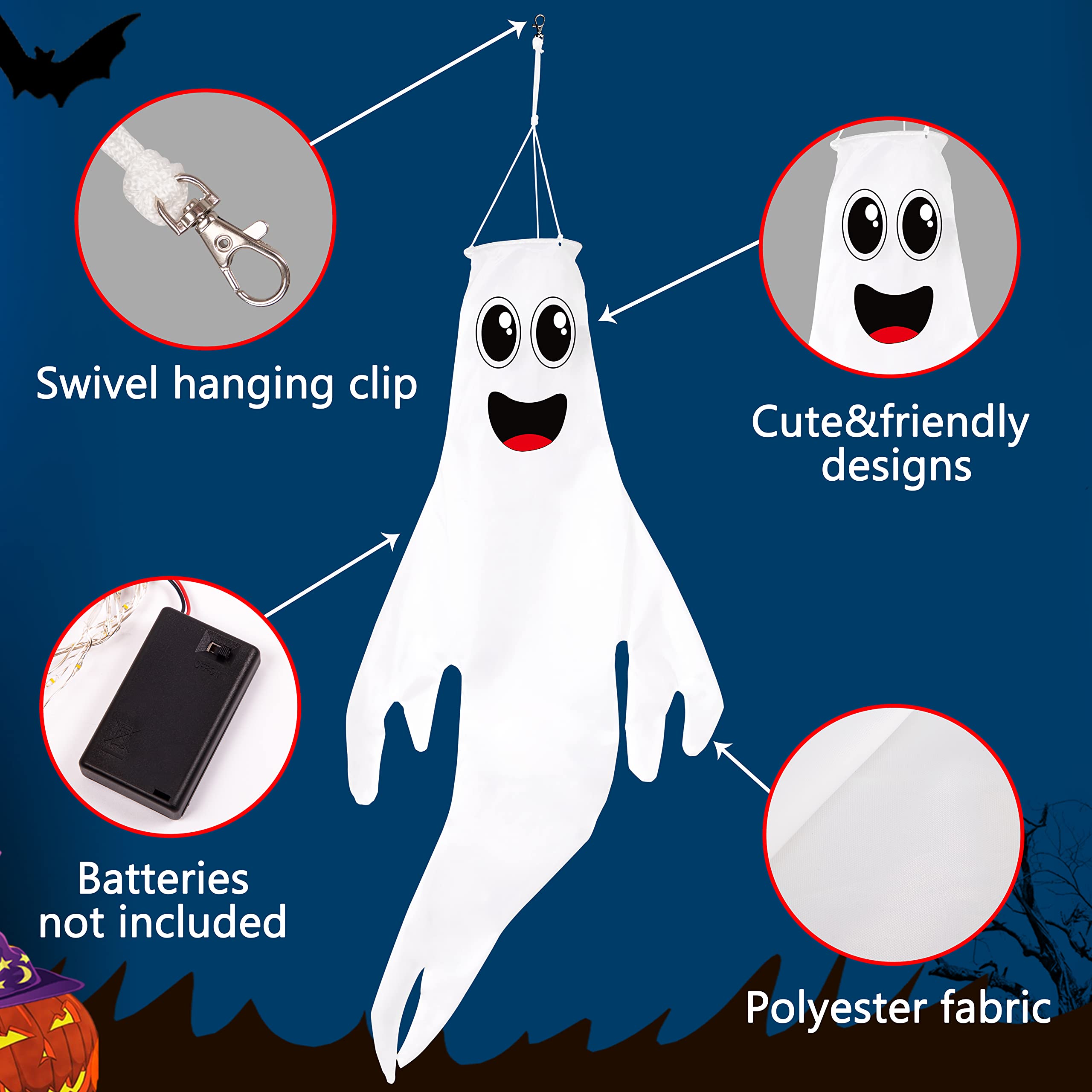 43 Inch Halloween Ghost Windsocks Hanging Decorations - Flag Wind Socks for Home Yard Outdoor Decor Party Supplies (3 Pieces,Batteries Not Included,No Timer)