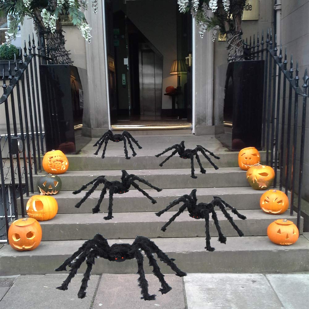 BEIGUO 5pcs Halloween Spider Gaint Hairy Spider with Red Eyes,Bendable Legs Scary Halloween Spider Decorations for Patio,Yard,Garden,House(1pcs 30",2pcs 20",2pcs 12")