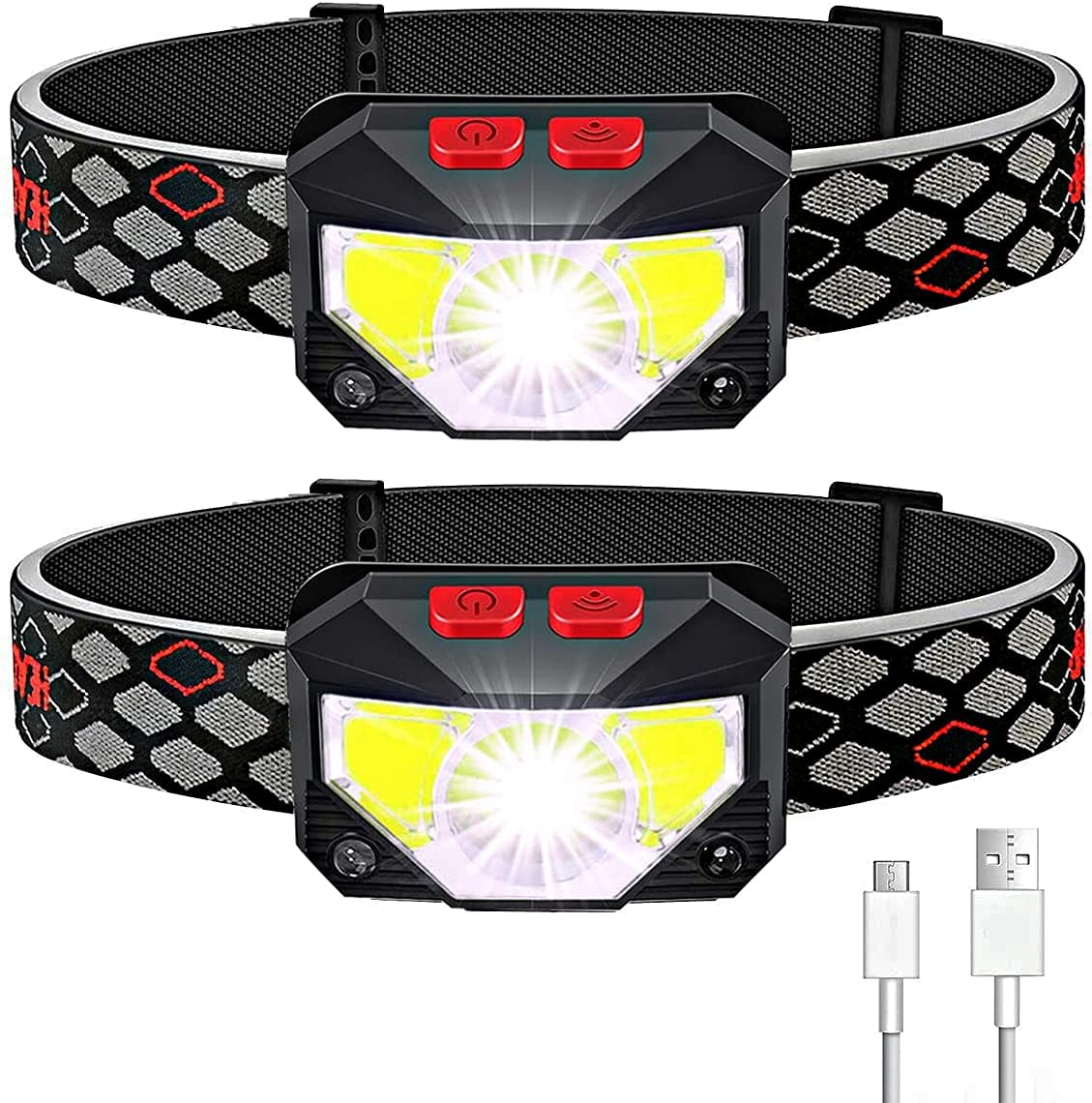 Soft digits Headlamp Rechargeable, 2-Pack LED Headlight 1100 Lumens USB Head Lamp Flashlight, 8 Modes Head Light, Waterproof Headlamps with Motion Sensor for Outdoors Camping Fishing (2 Pack)