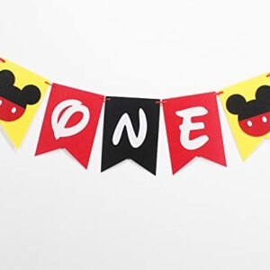 Hongkai Mouse Inspired 1st Birthday Banner Decorations, Handmade ONE Banner, Highchair Banner Red Black Yellow Party Decoration baby First Birthday Decorations Supplies