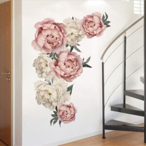 Peony Flowers Wall Sticker Waterproof PVC Peony Rose Flowers Wall Decals Removable Floral Wall Decor Sticker for Living Room Bedroom Nursery Room