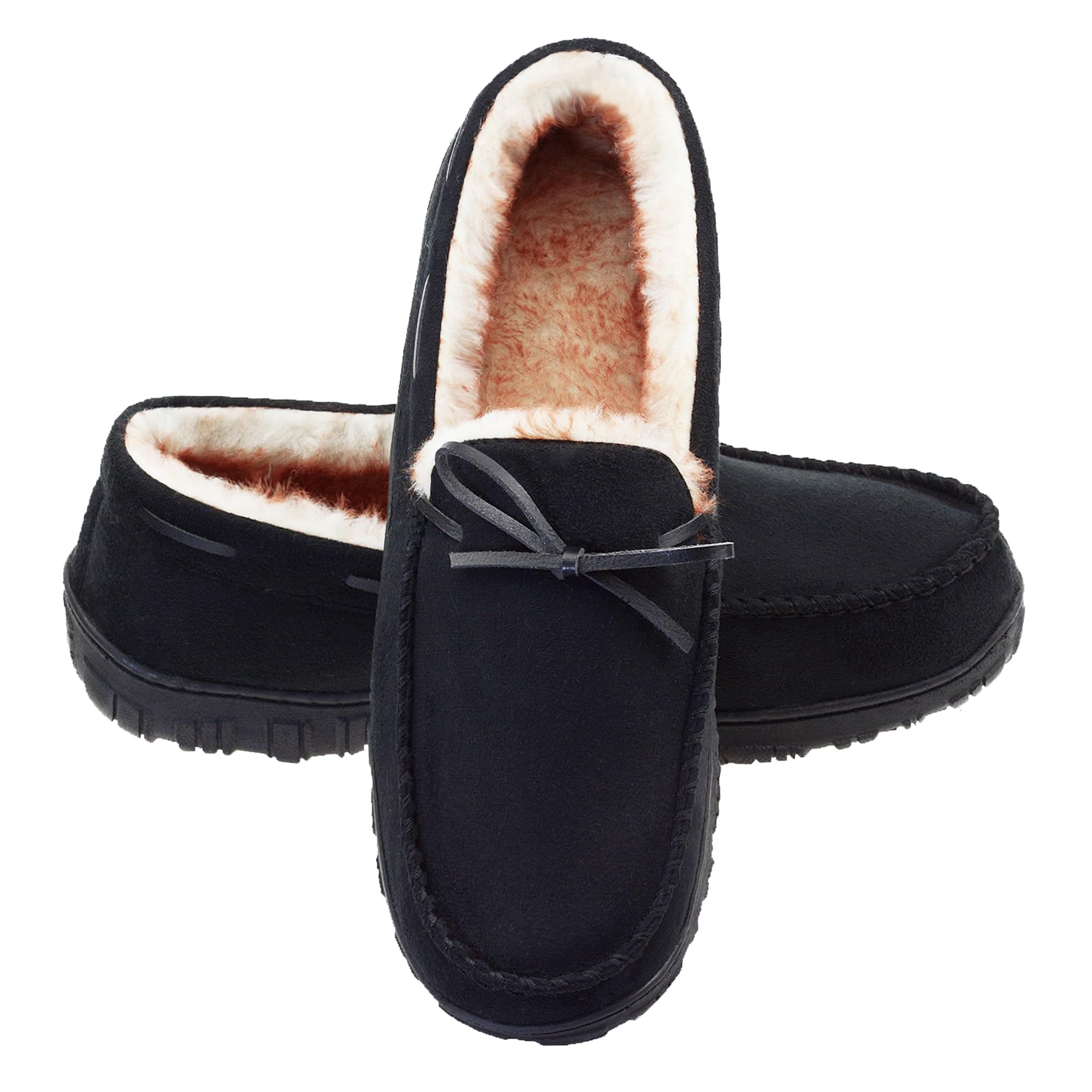 LA PLAGE Men's Moccasin Slippers Memory Foam Warm Plush House Slippers, Indoor Outdoor Comfortable Winter House Shoes 10 US Black