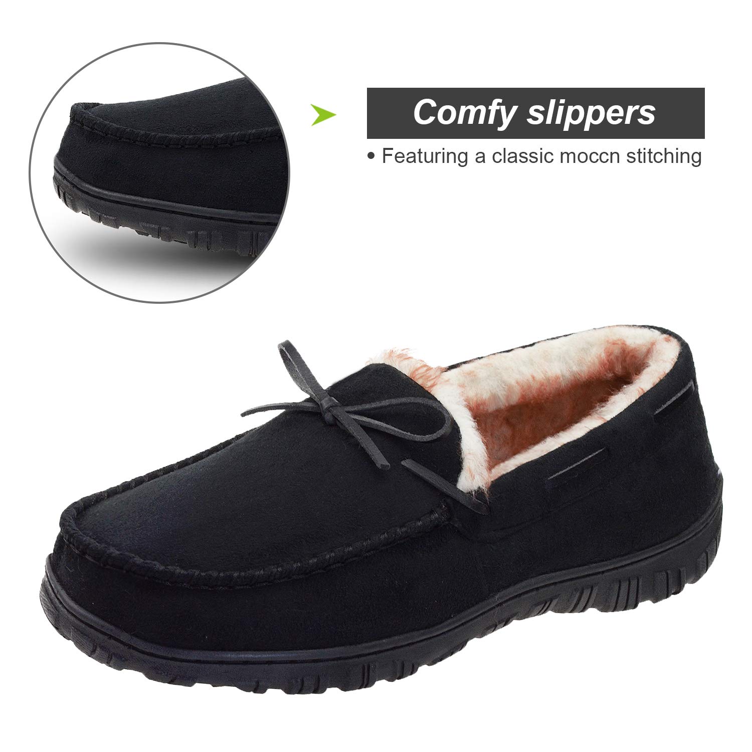 LA PLAGE Men's Moccasin Slippers Memory Foam Warm Plush House Slippers, Indoor Outdoor Comfortable Winter House Shoes 10 US Black