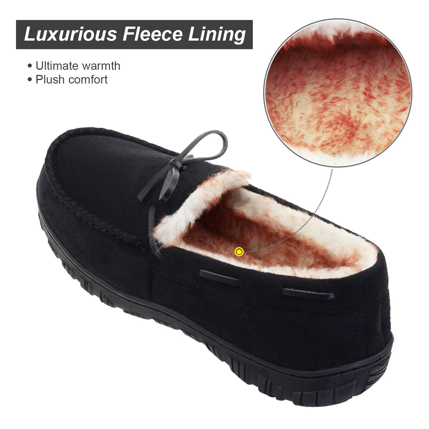 LA PLAGE Men's Moccasin Slippers Memory Foam Warm Plush House Slippers, Indoor Outdoor Comfortable Winter House Shoes 10 US Black