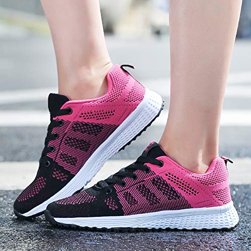 UareMgic Women's Breathable Flying Weave Fashion Walking Sneakers Lightweight Running Athletic Tennis Shoes Shock-Relief (US 9 /EU 40, Rose Red)