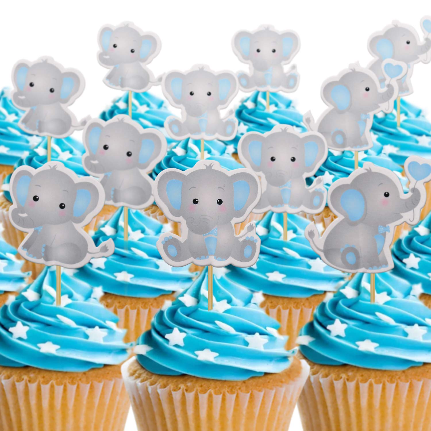 48pcs Blue Elephant Cupcake Toppers It Is A Boy Baby Shower Cupcake Picks Decoration Baby Boy Birthday Party Supplies