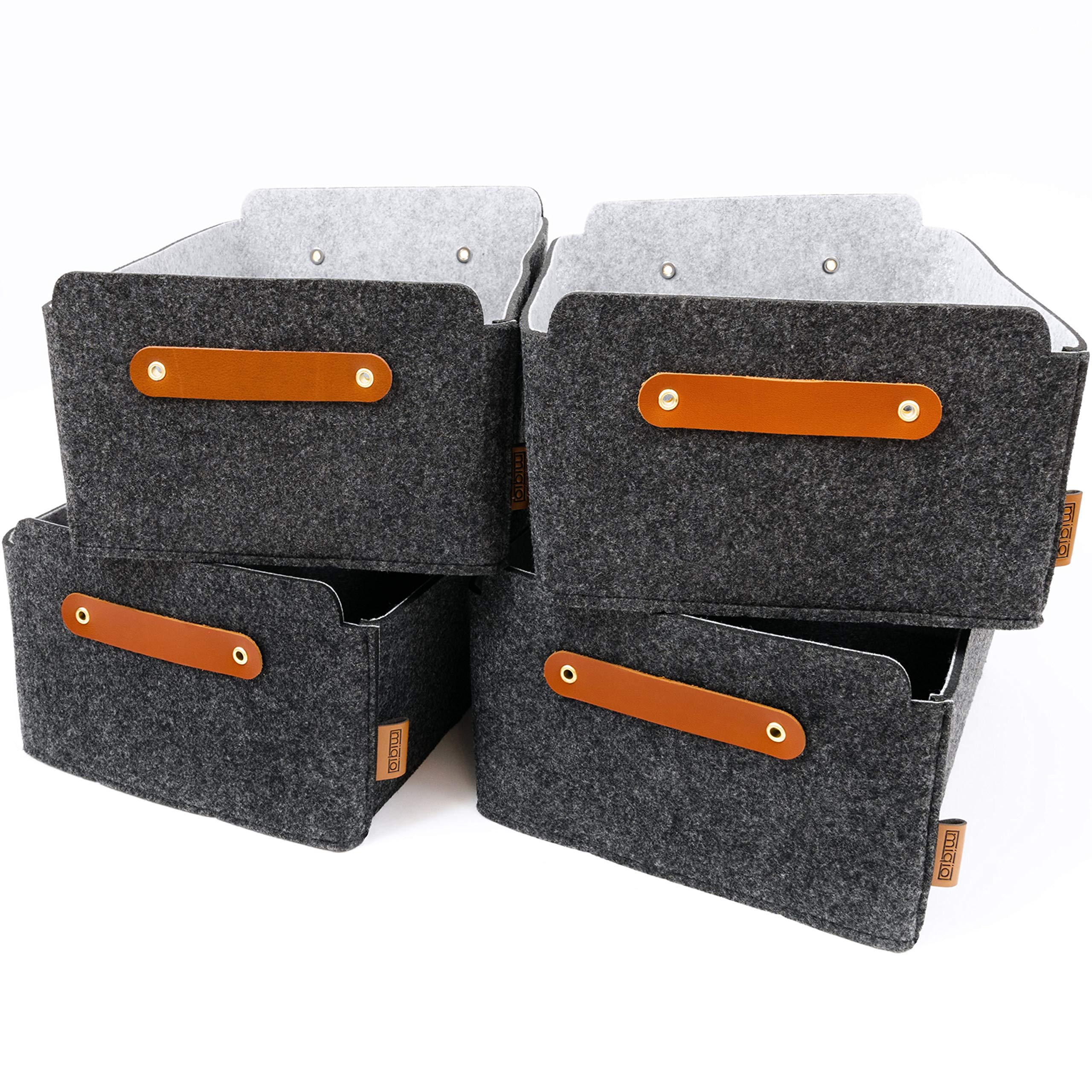 Miqio Storage Bin for Shelves | Felt and Leather | Set of 4 Boxes 12x10x6 | Rectangle Closet Baskets Foldable Box with Handles, Gray Storage Bins, Storage Boxes for Home Office Car Dormroom