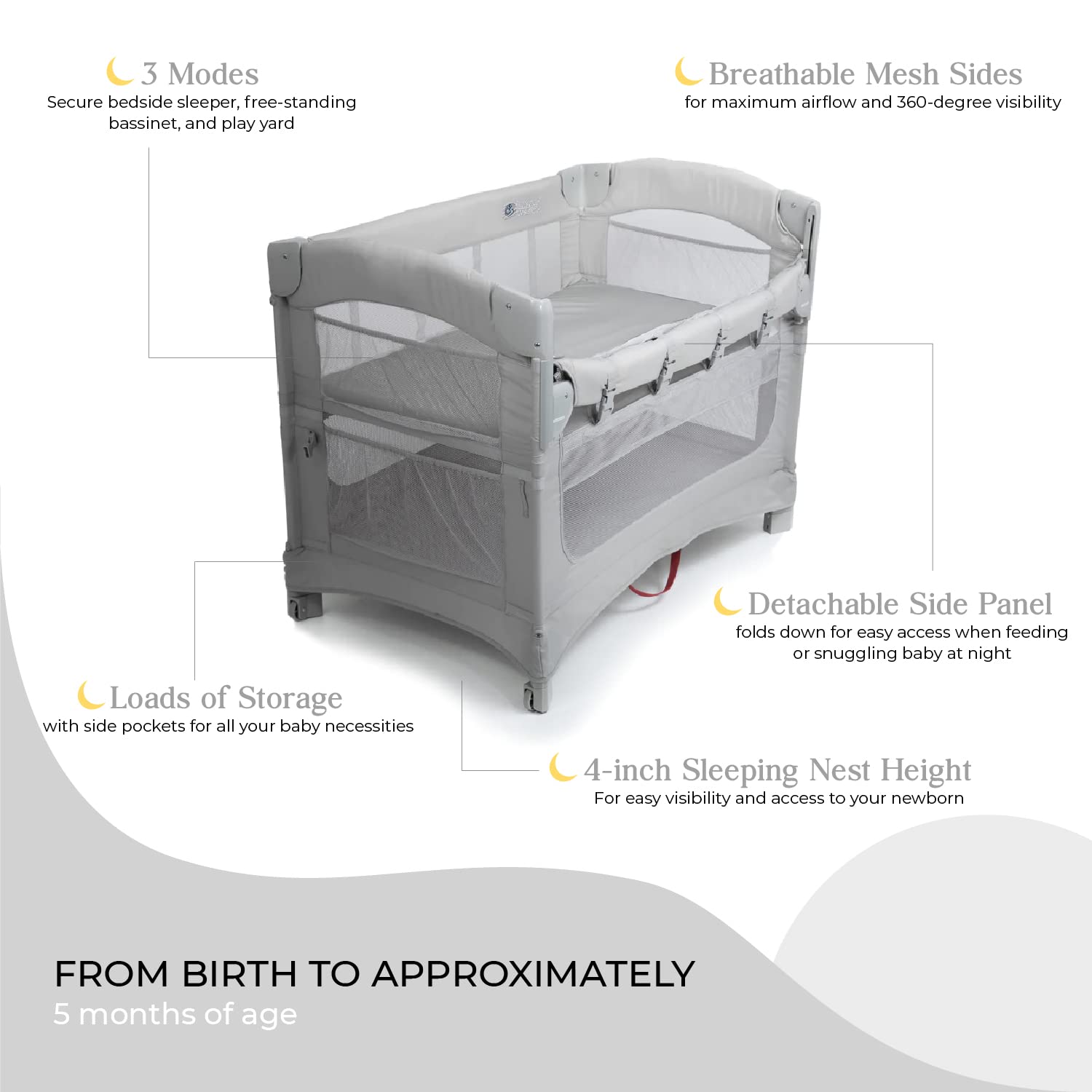 Arm’s Reach Ideal Ezee 3 in 1 Co-Sleeper Folding Bedside Bassinet and Play Yard Featuring Breathable Mesh Sides with Side Pockets for Storage and 4-Inch Sleeping Nest, Gray