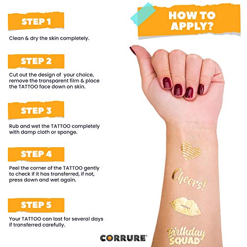 CORRURE 48pcs Birthday Tattoos - Gold Temporary Tattoos Metallic for Women and Men - Happy Birthday Squad Tattoos for Girls, 18th 21st 25th 30th or Any Adult Bday - 11 Flash Party Tattoos