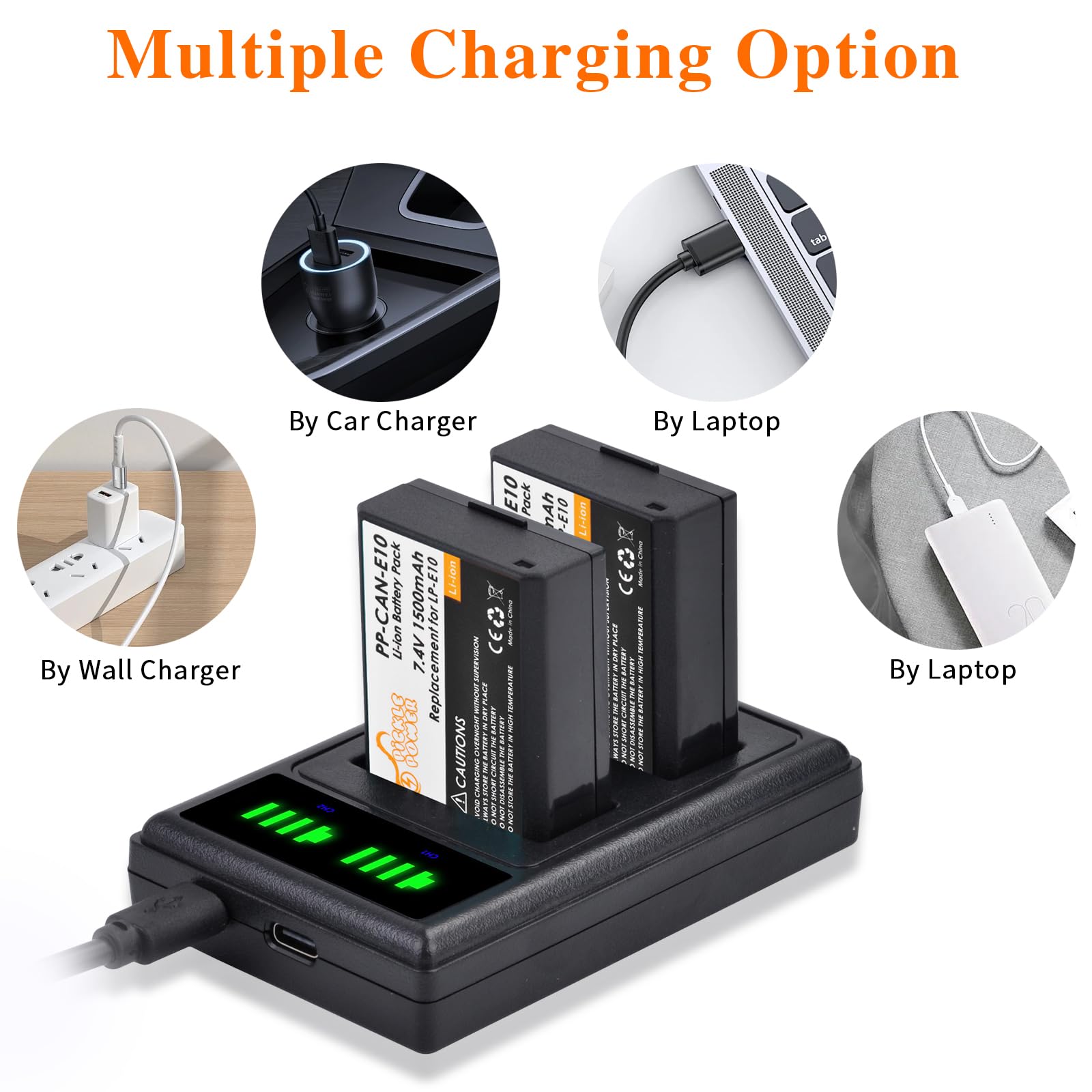 LP-E10 LPE10 Battery and LED USB Dual Charger with Type C Port Replacement for Canon EOS Rebel T6 T5 T7 T3 EOS 1200D 1100D 1300D 1500D 2000D 3000D Rebel KISS X50 X70 X80 X90