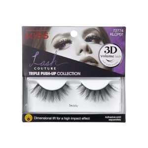 kiss lash couture triple push-up, false eyelashes, teddy', 12 mm, includes 1 pair of lash, contact lens friendly, easy to apply, reusable strip lashes