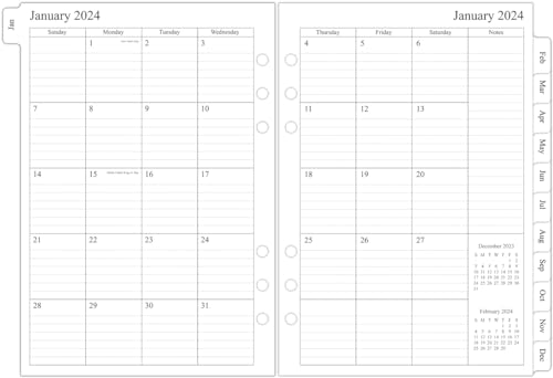 2024 Monthly Planner Refill for A5 Binder, Two Page Per Month, January 2024 - December 2024, 5.6"x8.25", 6-Hole Punched