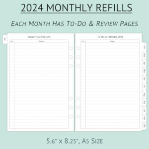 2024 Monthly Planner Refill for A5 Binder, Two Page Per Month, January 2024 - December 2024, 5.6"x8.25", 6-Hole Punched