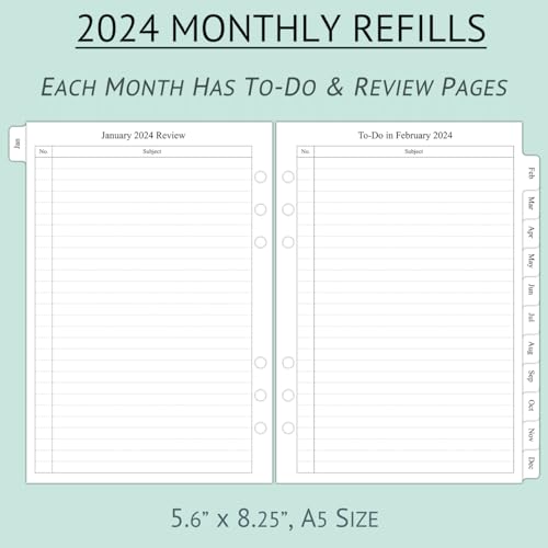 2024 Monthly Planner Refill for A5 Binder, Two Page Per Month, January 2024 - December 2024, 5.6"x8.25", 6-Hole Punched