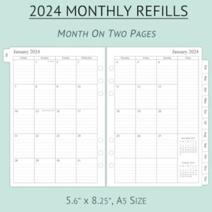 2024 Monthly Planner Refill for A5 Binder, Two Page Per Month, January 2024 - December 2024, 5.6"x8.25", 6-Hole Punched