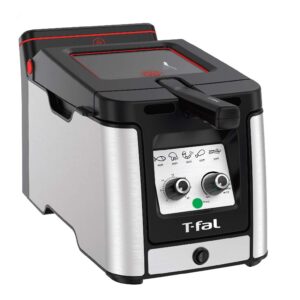 t-fal electrics stainless steel deep fryer with basket 3.5 liter oil capacity, 2.6 pound food capacity 1800 watts easy clean, temp control, digital timer, oil filtration, dishwasher safe parts silver