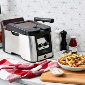 T-Fal Electrics Stainless Steel Deep Fryer with Basket 3.5 Liter Oil Capacity, 2.6 Pound Food Capacity 1800 Watts Easy Clean, Temp Control, Digital Timer, Oil Filtration, Dishwasher Safe Parts Silver