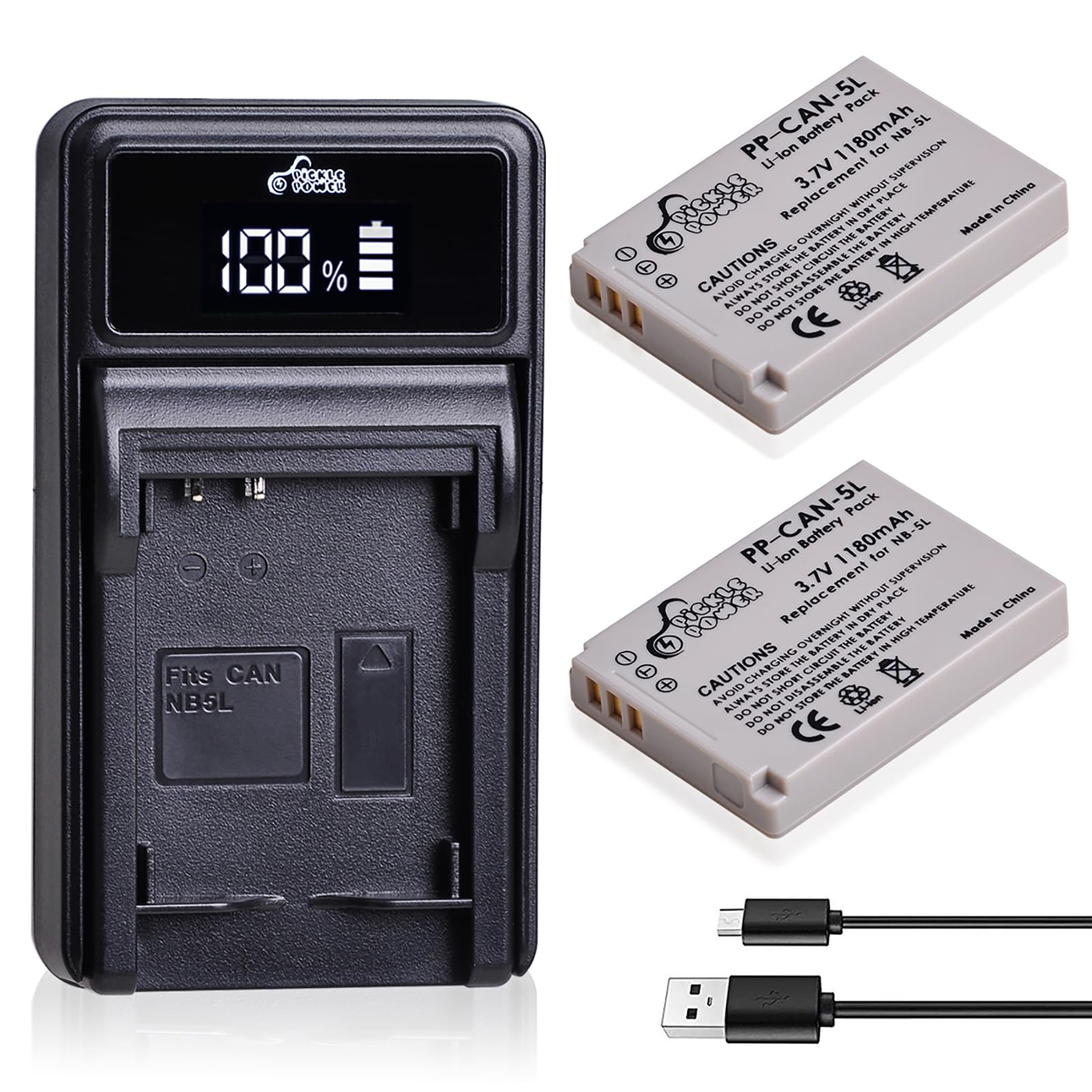 Pickle Power NB-5L Battery and LED USB Charger for Canon PowerShot S100, S110, SD700 is, SD790 is, SD800 is, SD850 is, SD870 is, SD880 is, SD890 is, SD900 is, SD950 is, SD970 is, SD990 is