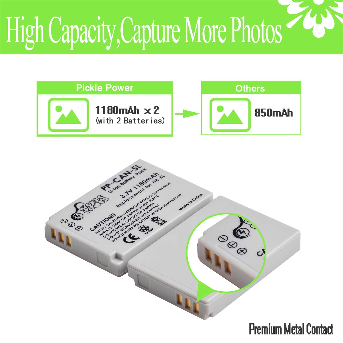 Pickle Power NB-5L Battery and LED USB Charger for Canon PowerShot S100, S110, SD700 is, SD790 is, SD800 is, SD850 is, SD870 is, SD880 is, SD890 is, SD900 is, SD950 is, SD970 is, SD990 is