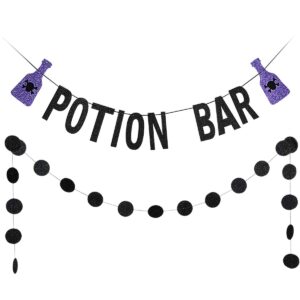 potion bar banner black glitter and black glittery circle dots garland- halloween hocus pocus decorations halloween witch party decorations potion halloween decor