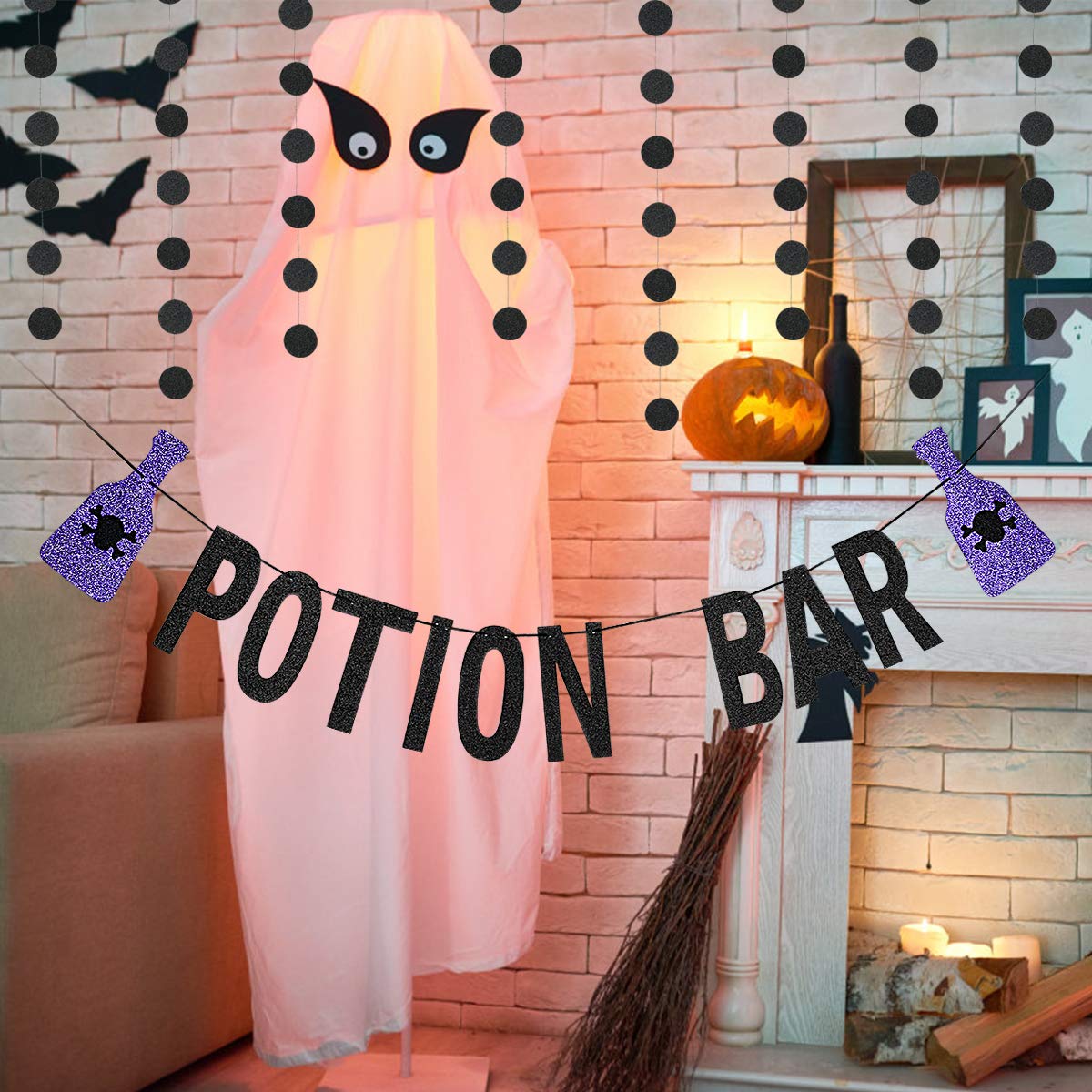 Potion Bar Banner Black Glitter and Black Glittery Circle Dots Garland- Halloween Hocus Pocus Decorations Halloween Witch Party Decorations Potion Halloween Decor