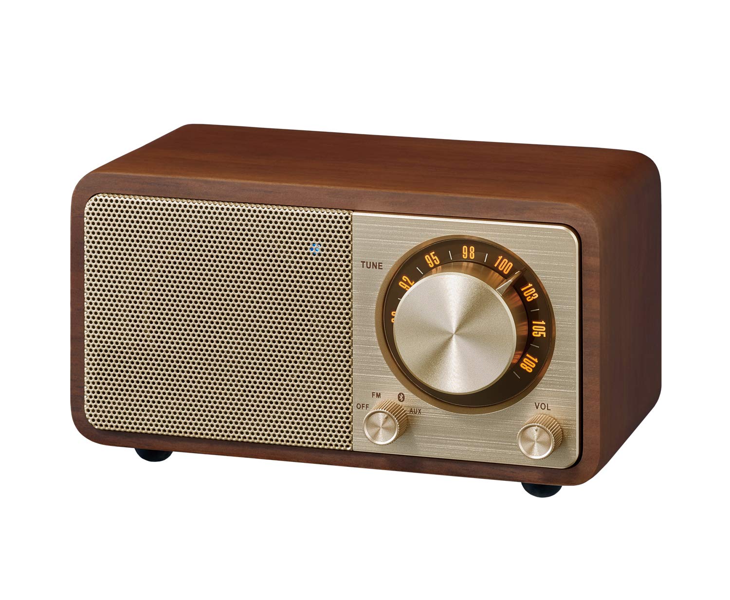 Sangean WR-7GW Wood Cabinet Mini Bluetooth Speaker with FM Tuner and Aux-in Special Edition Color Gold/Walnut