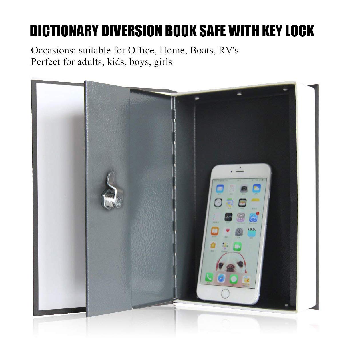 Book Safe with Key Lock – Jssmst Home Dictionary Diversion Safe Lock Box Safe Metal Box, Black Large, SM-BS004BL